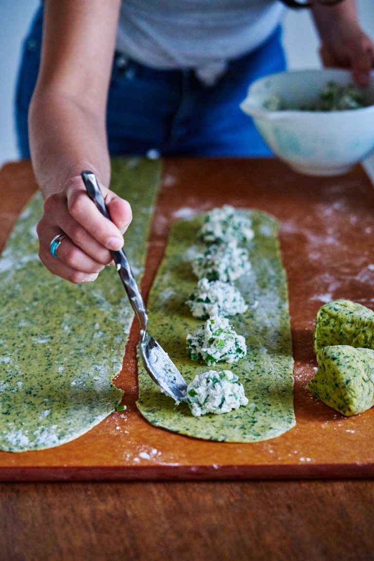 Broccoli Rabe Ravioli with Broccoli Rabe Pesto - Proportional Plate
