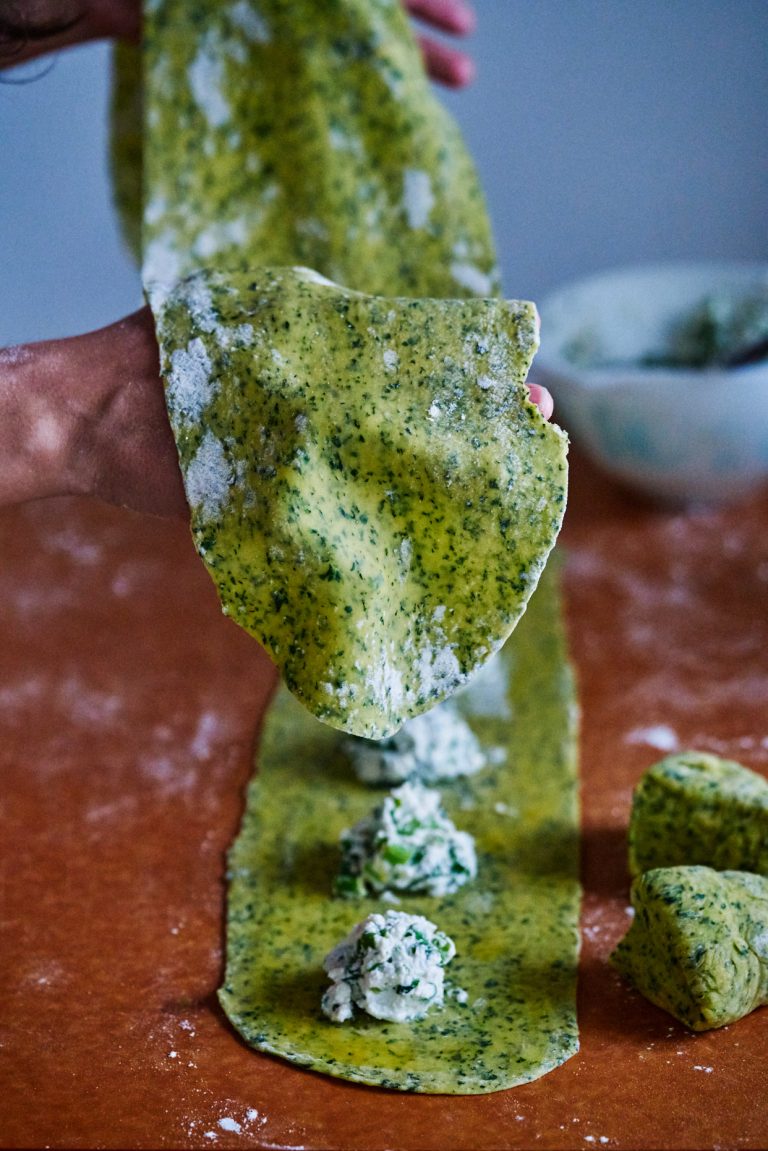 Broccoli Rabe Ravioli with Broccoli Rabe Pesto - Proportional Plate