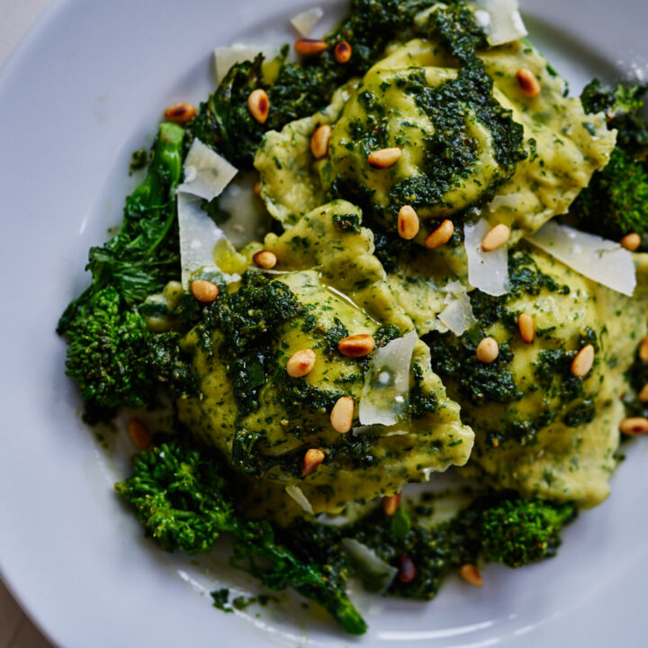 Broccoli Rabe Ravioli with Broccoli Rabe Pesto - Proportional Plate