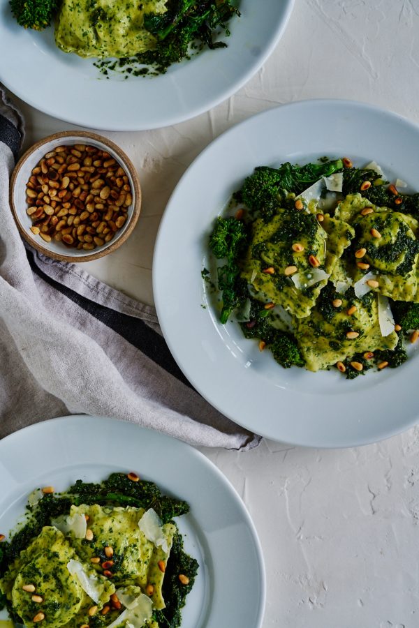 Broccoli Rabe Ravioli with Broccoli Rabe Pesto - Proportional Plate