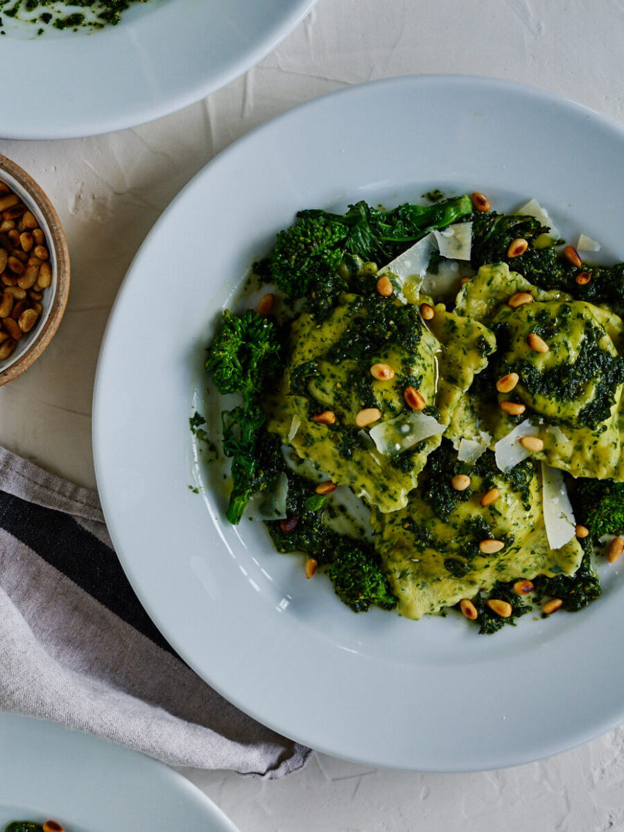 Broccoli Rabe Ravioli with Broccoli Rabe Pesto - Proportional Plate
